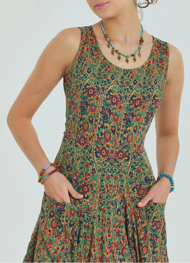 Pera Patterned Sleeveless Paisley Tie Waist Dress