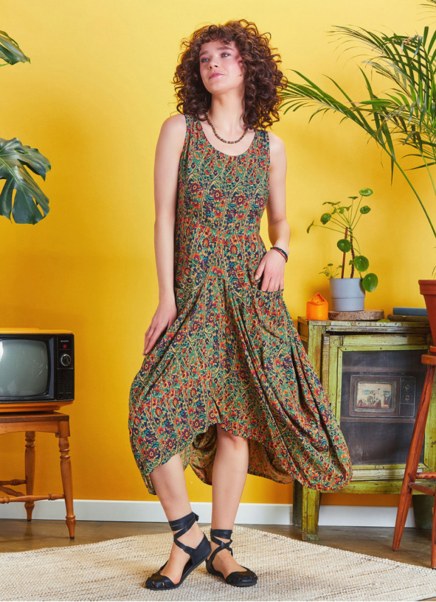 Pera Patterned Sleeveless Paisley Tie Waist Dress | Wholesale Boho Clothing